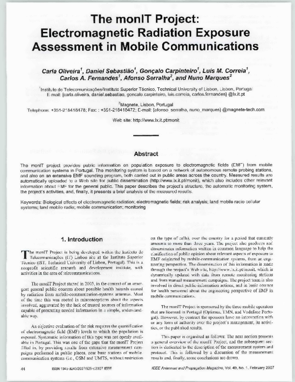 (PDF) The moniT Project: Electromagnetic Radiation Exposure Assessment in Mobile Communications