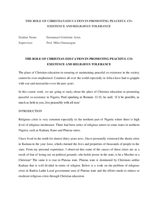 (PDF) THE ROLE OF CHRISTIAN EDUCATION IN PROMOTING PEACEFUL CO-EXISTENCE AND RELIGIOUS TOLERANCE