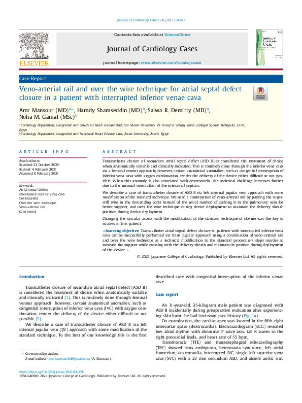 (PDF) Veno-arterial rail and over the wire technique for atrial septal ...