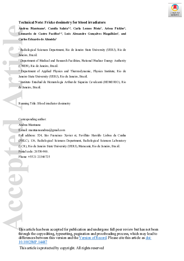 (PDF) Technical Note: Fricke dosimetry for blood irradiators