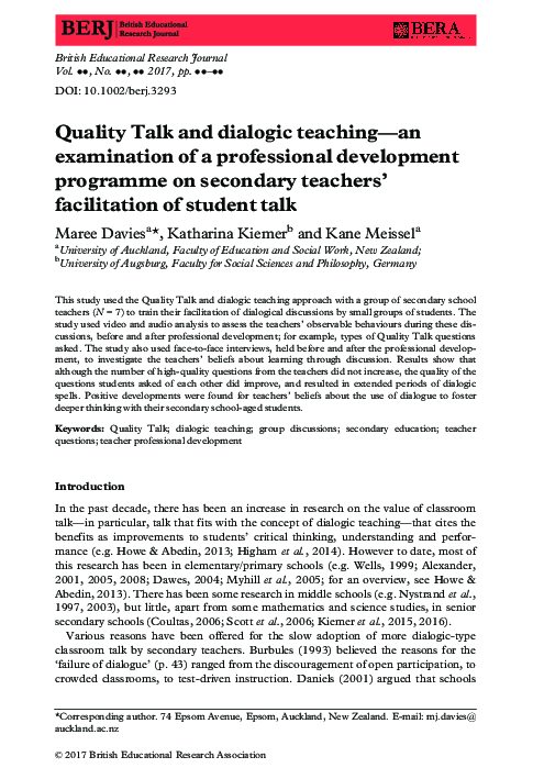 (PDF) Quality Talk and dialogic teaching-an examination of a ...