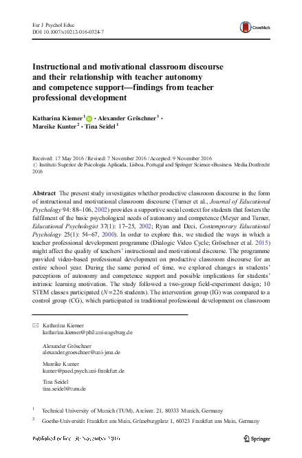 (PDF) Instructional and motivational classroom discourse and their relationship with teacher ...