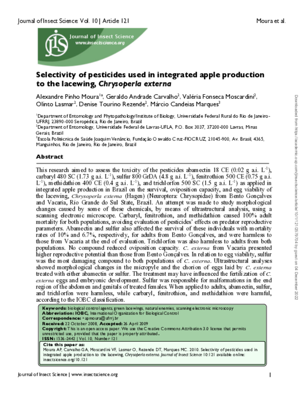 (PDF) Selectivity of Pesticides used in Integrated Apple Production to the Lacewing,Chrysoperla ...