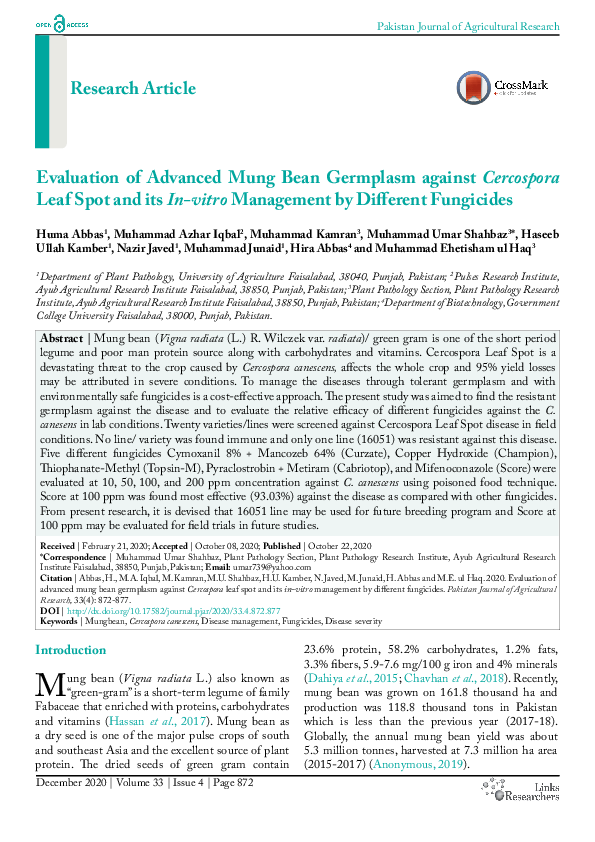 (PDF) Evaluation of Advanced Mung Bean Germplasm against Cercospora Leaf Spot and its In-vitro ...