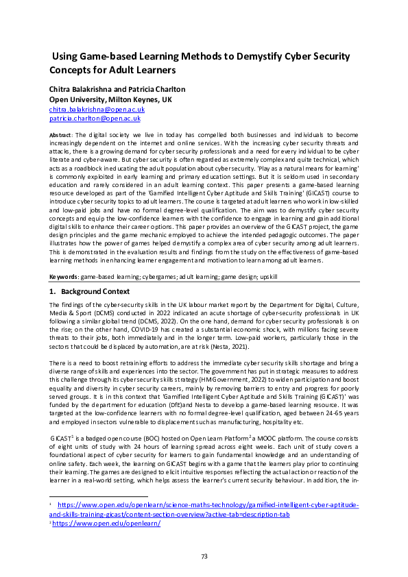 (PDF) Using Game-based Learning Methods to Demystify Cyber Security Concepts for Adult Learners