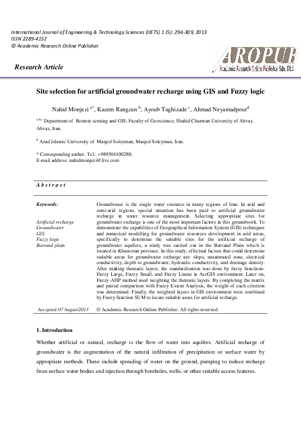 (PDF) Site selection for artificial groundwater recharge using GIS and Fuzzy logic