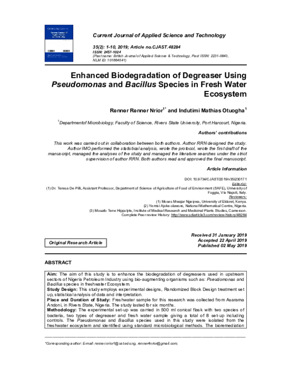 (PDF) Enhanced Biodegradation of Degreaser Using Pseudomonas and Bacillus Species in Fresh Water ...
