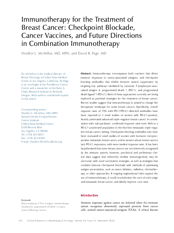 (PDF) Immunotherapy for the treatment of breast cancer: checkpoint blockade, cancer vaccines ...