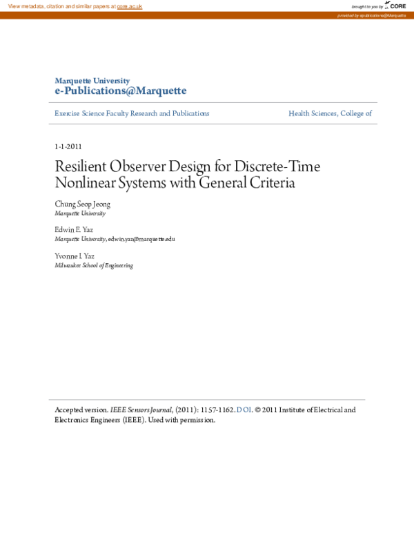 (PDF) Resilient observer design for discrete-time nonlinear systems with general criteria