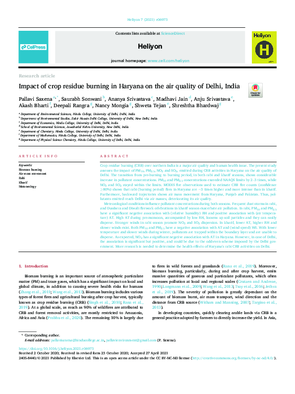 (PDF) Impact of crop residue burning in Haryana on the air quality of Delhi, India