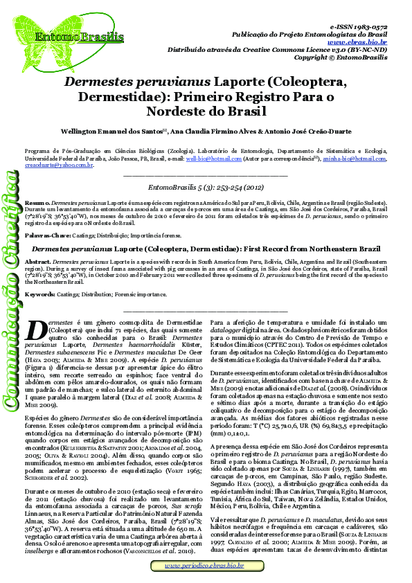 (PDF) Dermestes peruvianus Laporte (Coleoptera, Dermestidae): primeiro ...