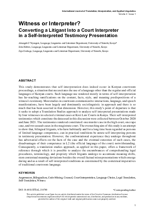 Nyangeri PDF) Witness Or Interpreter? Converting A Litigant Into A