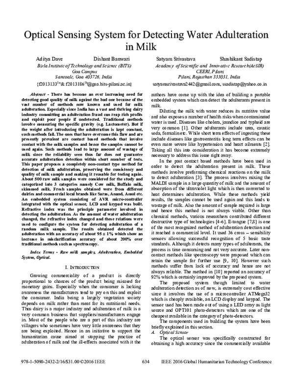 (PDF) Optical sensing system for detecting water adulteration in milk
