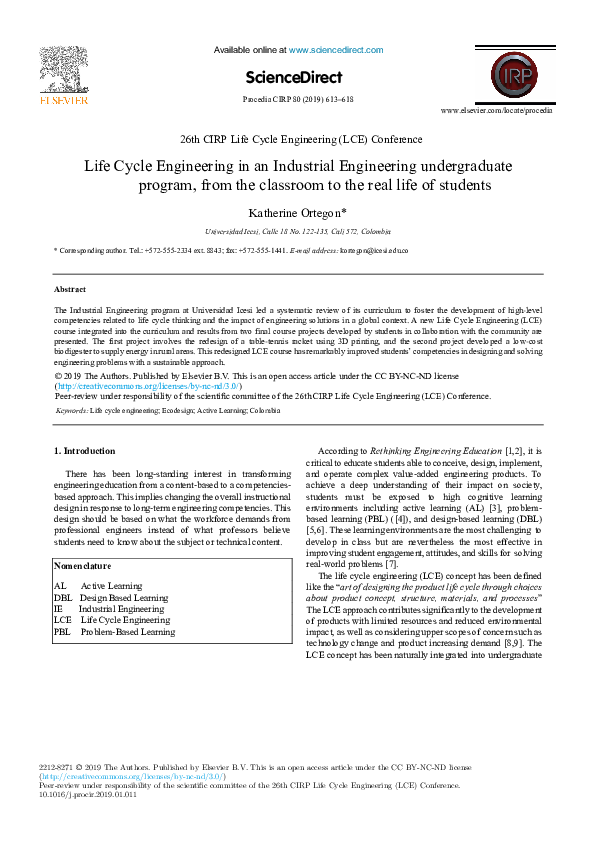 (PDF) Life Cycle Engineering in an Industrial Engineering undergraduate ...