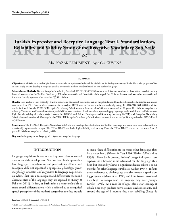 (PDF) [Turkish expressive and receptive language test: I ...