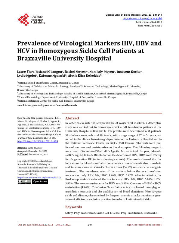 (PDF) Prevalence of Virological Markers HIV, HBV and HCV in Homozygous ...
