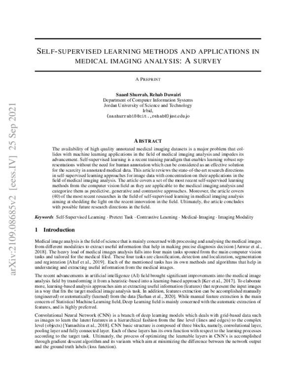 (PDF) Self-supervised learning methods and applications in medical imaging analysis: a survey