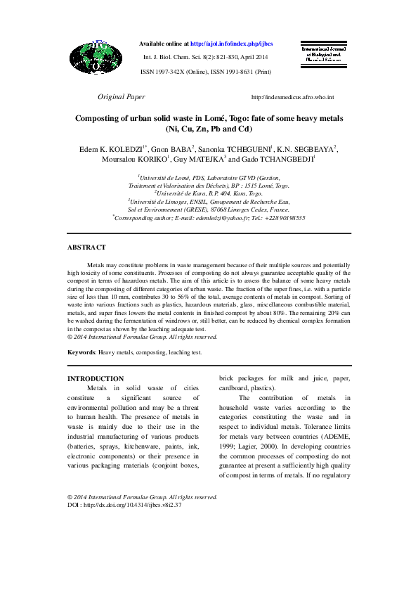 (PDF) Heavy Metal Dynamics in Urban Composting