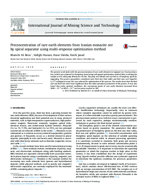 (PDF) Preconcentration of rare earth elements from Iranian monazite ore ...