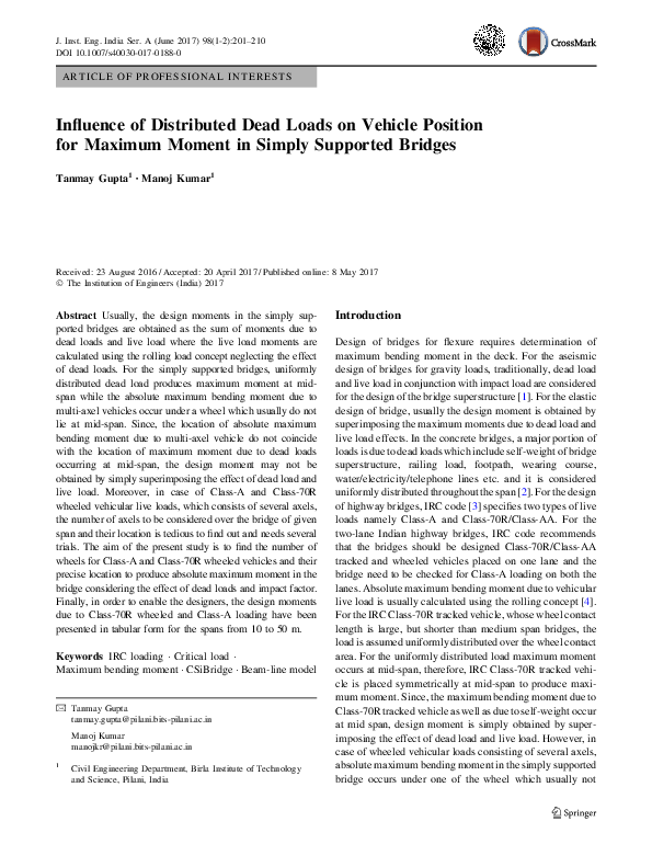 (PDF) Influence of Distributed Dead Loads on Vehicle Position for Maximum Moment in Simply ...