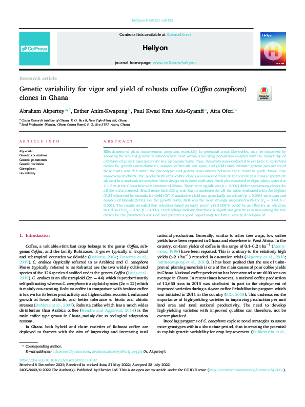 (PDF) Genetic variability for vigor and yield of robusta coffee (Coffea ...