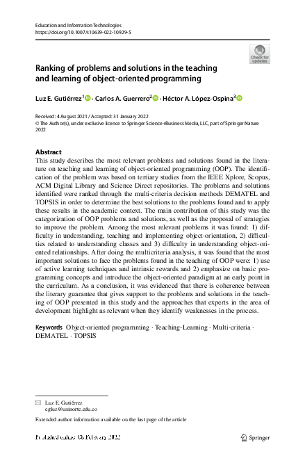 (PDF) Ranking of problems and solutions in the teaching and learning of object-oriented ...