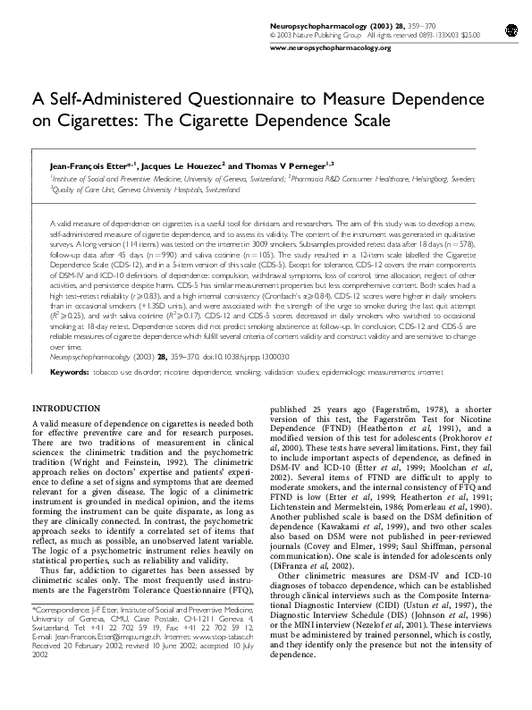(PDF) A Self-Administered Questionnaire to Measure Dependence on ...