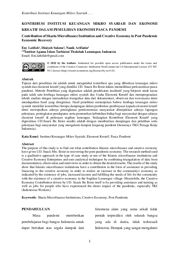 (PDF) Kontribusi Institusi Keuangan Mikro Syariah dan Ekonomi Kreatif dalam Pemulihan Ekonomi ...