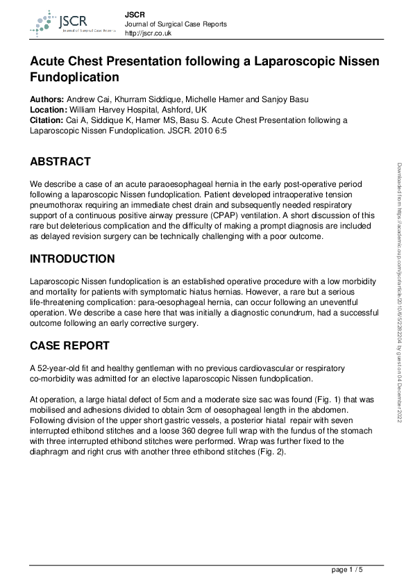 (PDF) Acute Chest Presentation following a Laparoscopic Nissen ...