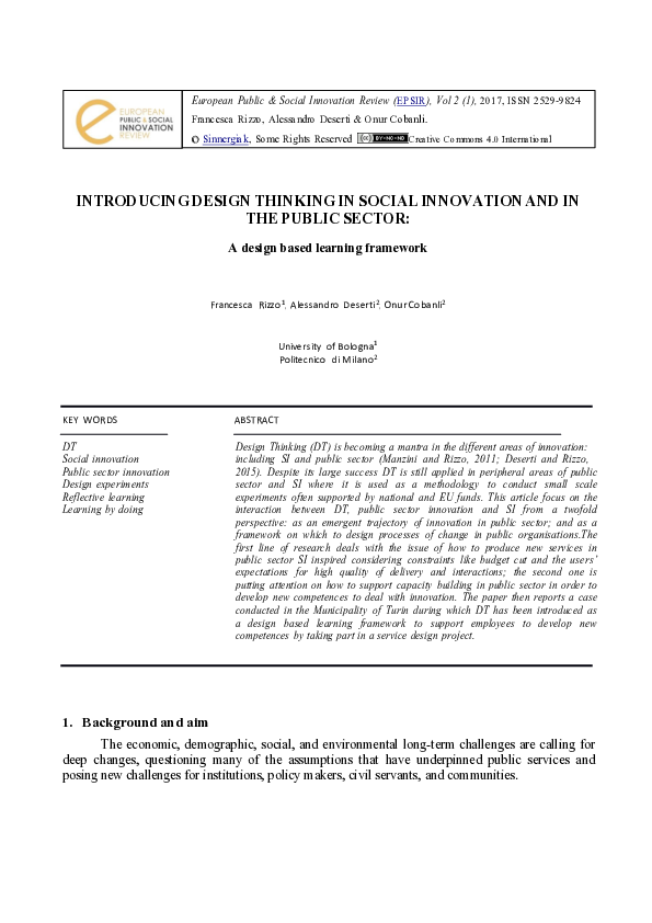 (PDF) Introducing Design Thinking in Social Innovation and in the Public Sector: a design based ...