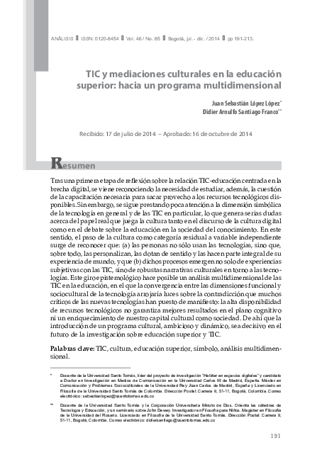 (PDF) TIC y mediaciones culturales en la educación superior: hacia un programa multidimensional