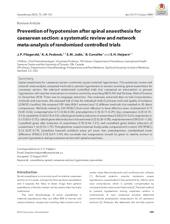 (PDF) Prevention of hypotension after spinal anaesthesia for caesarean section: a systematic ...