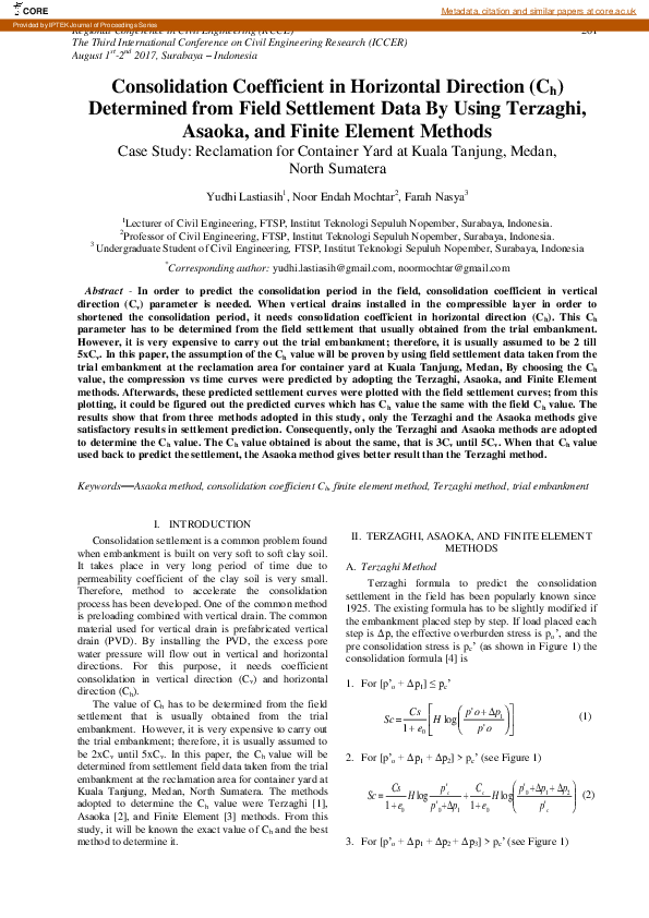 (PDF) Consolidation Coefficient in Horizontal Direction (Ch) Determined from Field Settlement ...