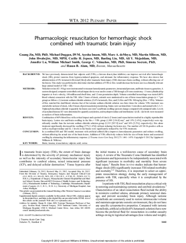 (PDF) Pharmacologic resuscitation for hemorrhagic shock combined with traumatic brain injury