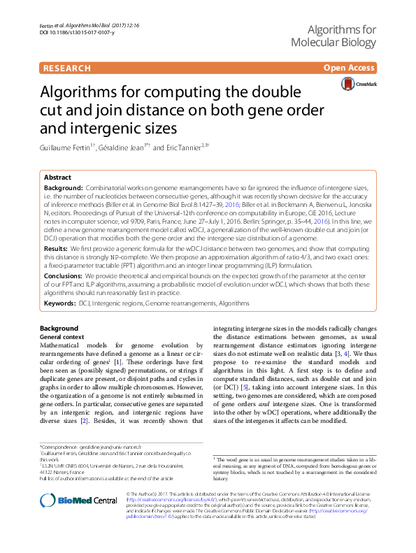 (PDF) Algorithms for computing the double cut and join distance on both gene order and ...