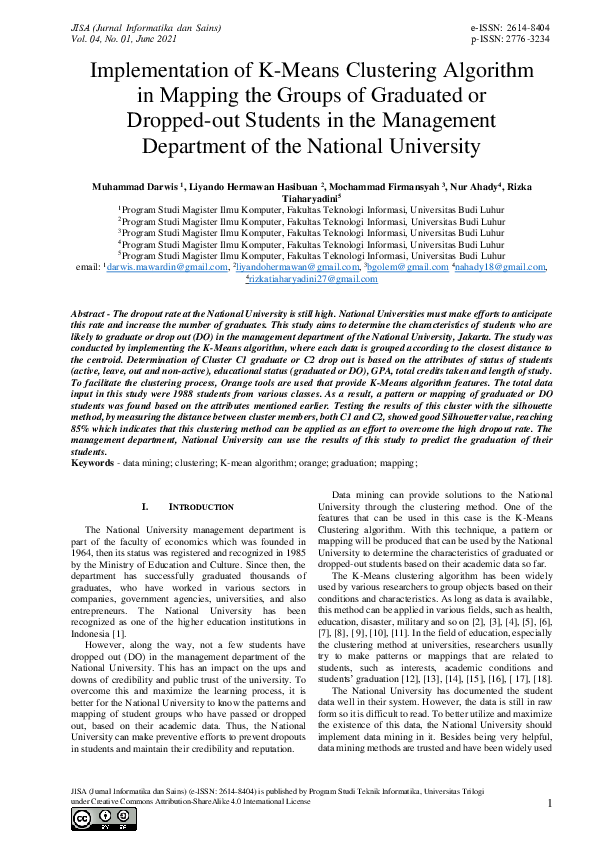 (PDF) Implementation of K-Means clustering algorithm in mapping the groups of graduated or ...