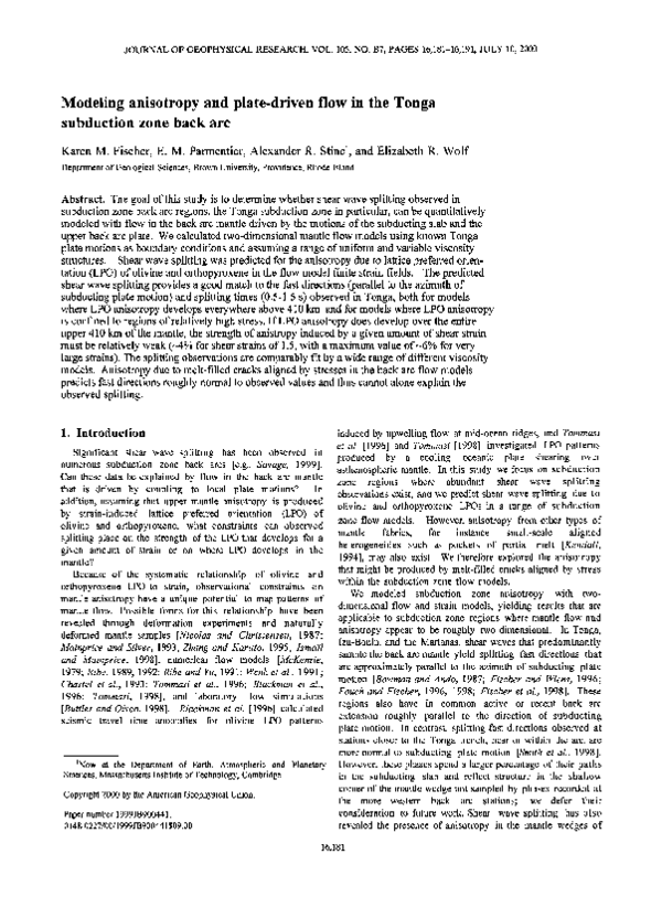 Pdf Modeling Anisotropy And Plate Driven Flow In The Tonga Subduction Zone Back Arc