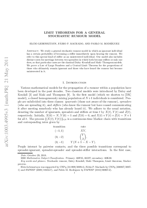 (PDF) Limit Theorems for a General Stochastic Rumour Model