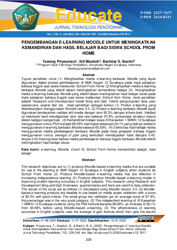 (PDF) Pengembangan E-Learning Moodle Untuk Meningkatkan Kemandirian Dan Hasil Belajar Bagi Siswa ...