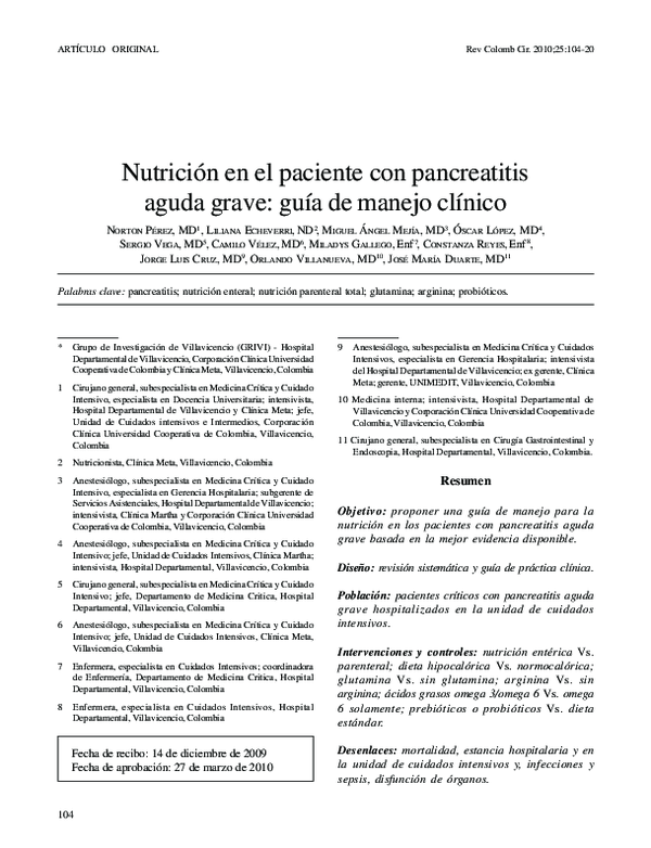 (PDF) Nutrición en el paciente con pancreatitis aguda grave: guía de manejo clínico