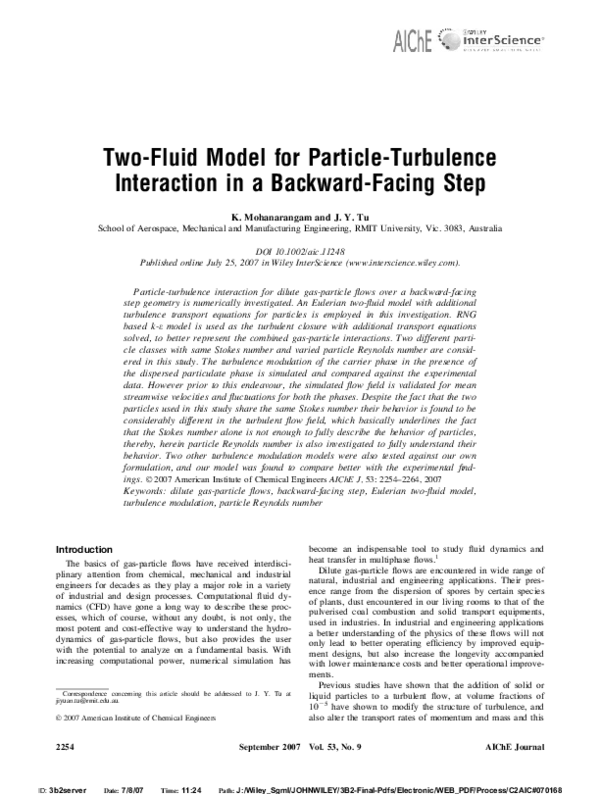 Pdf Two Fluid Model For Particle Turbulence Interaction In A Backward