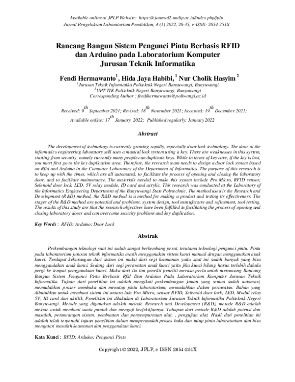 Pdf Rancang Bangun Sistem Pengunci Pintu Berbasis Rfid Dan Arduino Pada Laboratorium Komputer