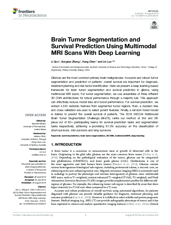 Pdf Deep Learning For Glioma Segmentation And Survival