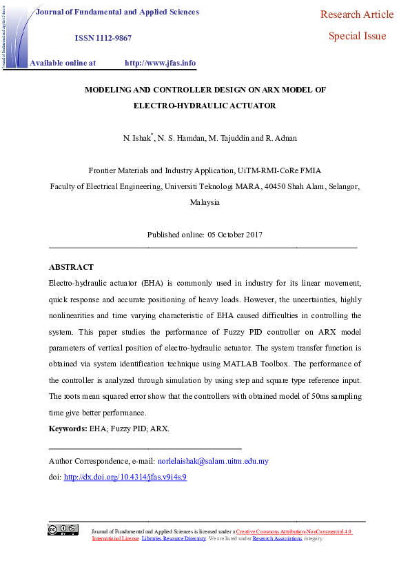 Pdf Modeling And Controller Design On Arx Model Of Electro Hydrolic