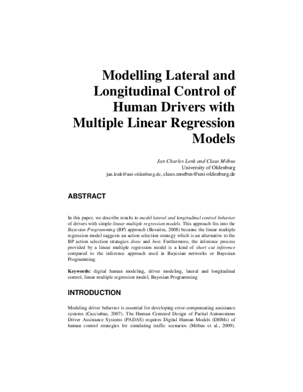(PDF) Modeling Lateral and Longitudinal Control of Human Drivers with Multiple Linear Regression ...