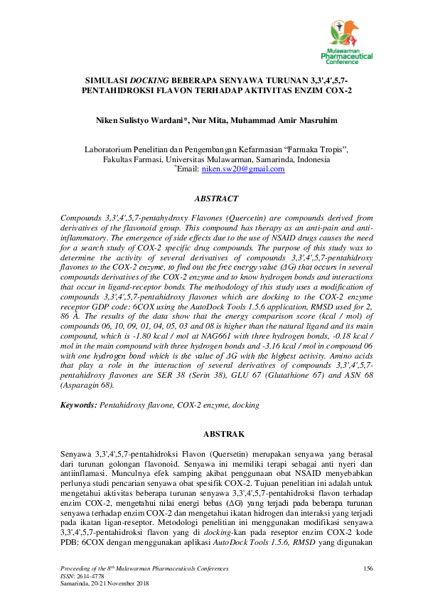(PDF) Simulasi Docking Beberapa Senyawa Turunan 3,3',4',5,7-pentahidroksi Flavon terhadap ...
