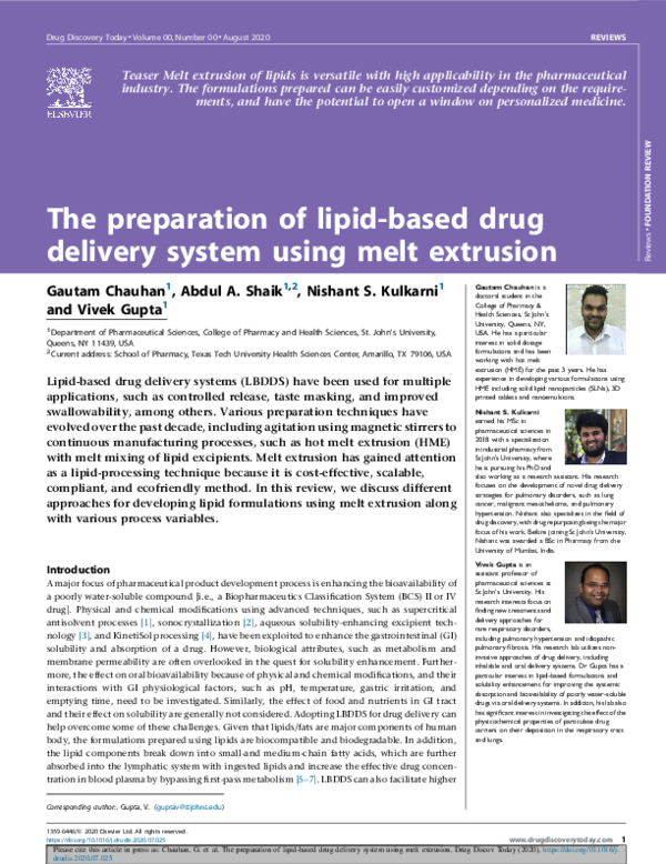(PDF) The preparation of lipid-based drug delivery system using melt extrusion