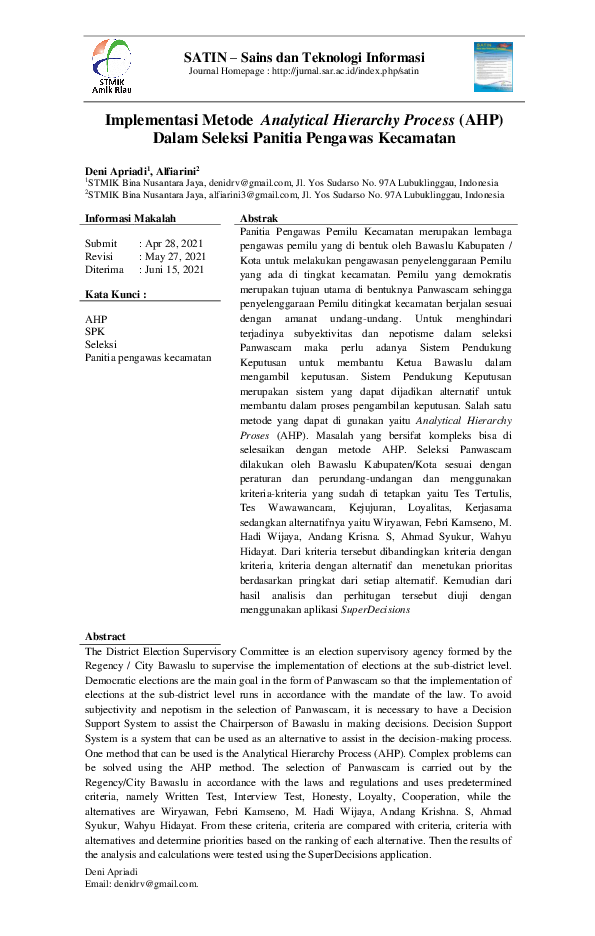 (PDF) Implementasi Metode Analytical Hierarchy Process (AHP) Dalam Seleksi Panitia Pengawas ...