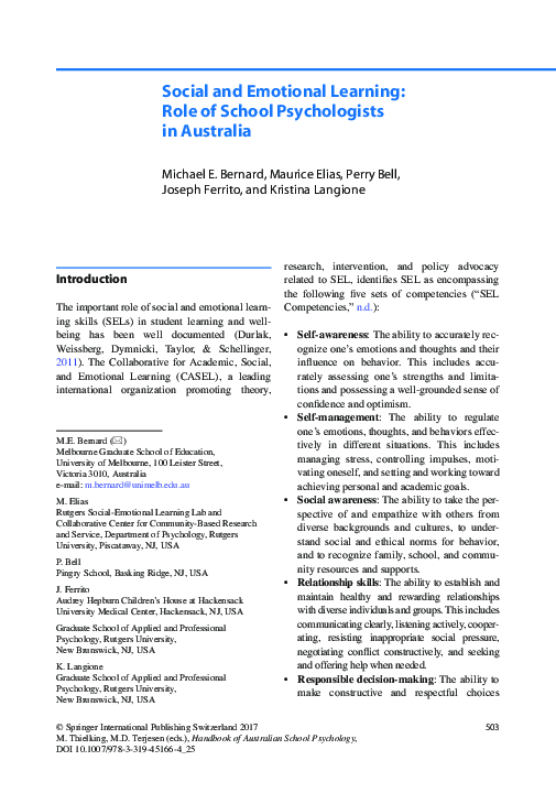 (PDF) Social and Emotional Learning: Role of School Psychologists in ...