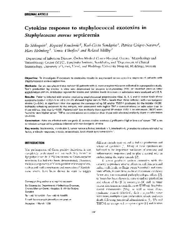 (PDF) Cytokine response to staphylococcal exotoxins in Staphylococcus aureus septicemia